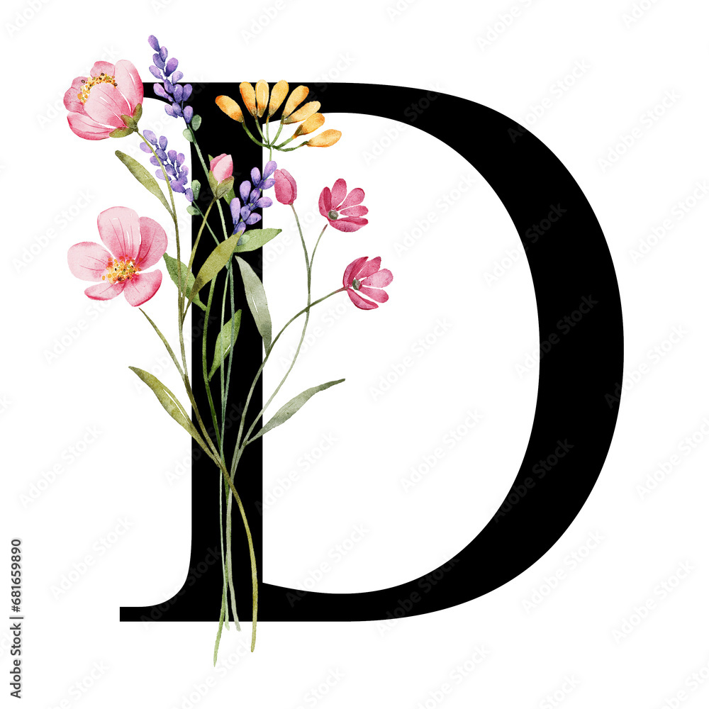 Letter D, floral alphabet, wedding monogram with watercolor flowers ...