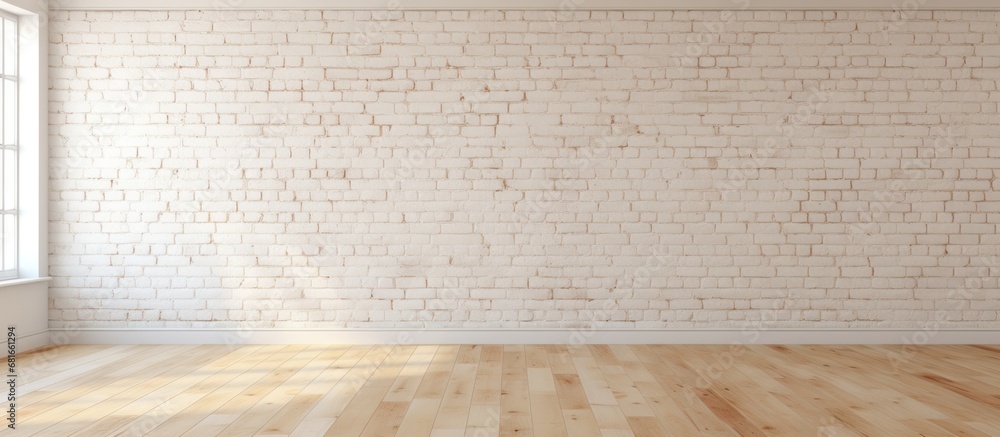 Beige empty room interior design with wooden floor and brick wall, AI ...