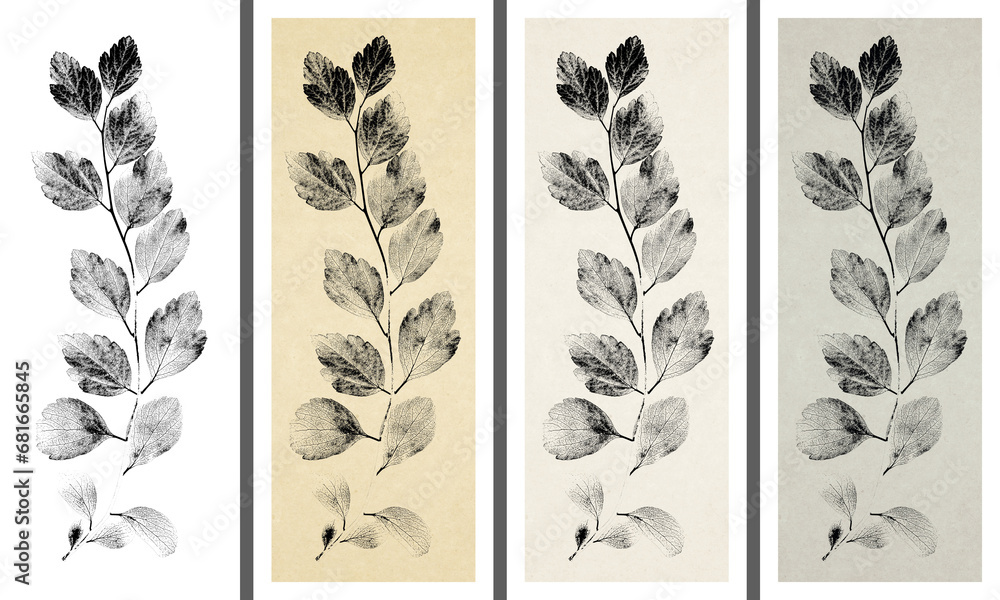 Set of bookmarks in grunge style. Spirea branche with imprint effect ...