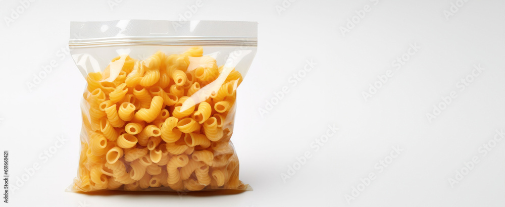 Sealed bag of pasta shells on a minimalist background, a quick and easy ...
