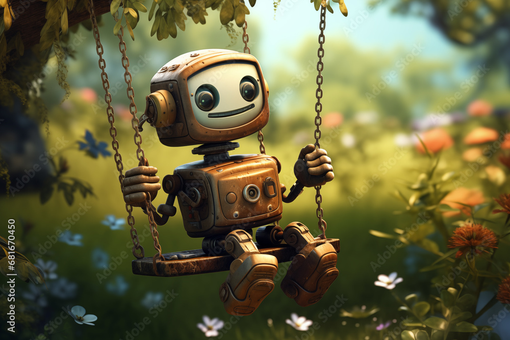 Happy cute robot has fun on a swing in a garden, future of AI ...