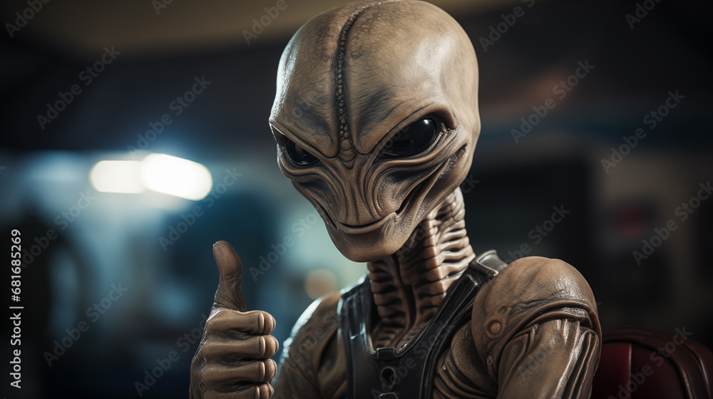 Futuristic image of a happy alien businessman holding a thumbs up ...