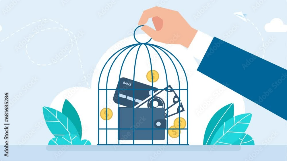 Money inside of birdcage. Businessman opens money, dollar coins out ...