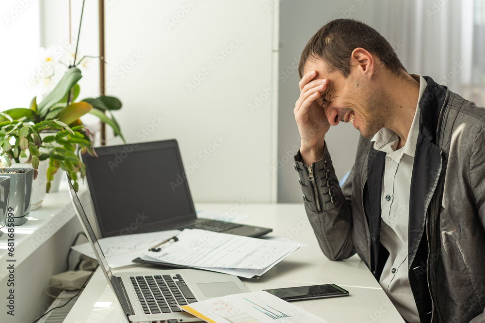 Frustrated overworked caucasian businessman, entrepreneur, product ...