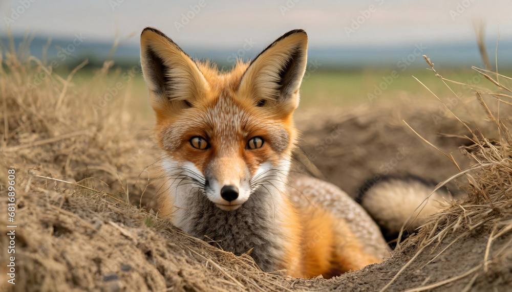 A fox standing next to its burrow in the soil in a spike field Stock ...