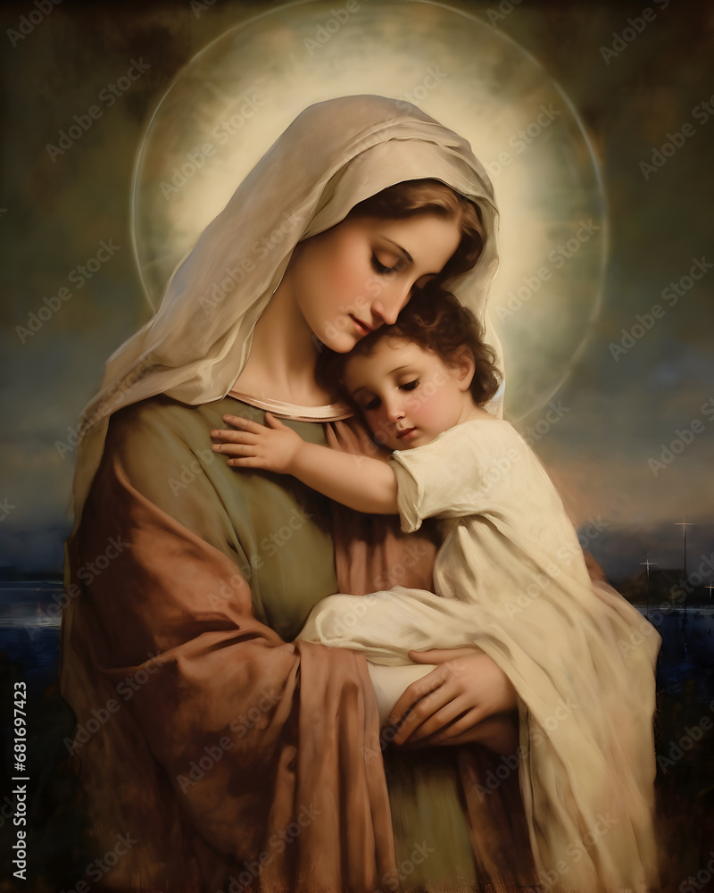 Mary hugging baby Jesus, Son of God, Christmas nativity scene Stock ...