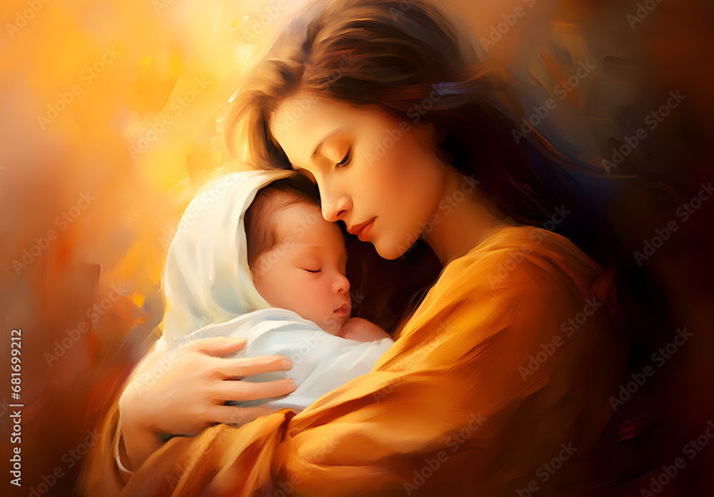Mary hugging baby Jesus, Son of God, Christmas nativity scene Stock ...