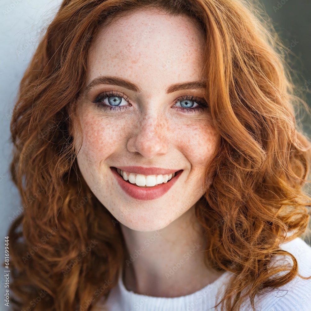 Mujer pelirroja, ojos azules y pecas, sonriendo. Con la piel clara ...