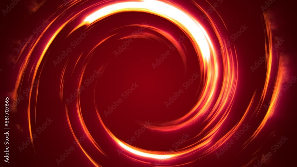 A bright fiery circle of light lines on a dark red background ...