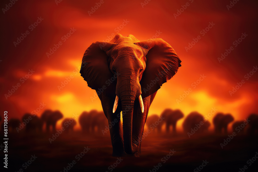 A stunning golden hour photograph of a herd of elephants walking across ...