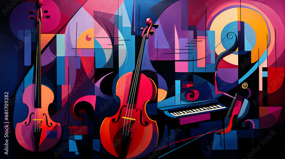 Peinture représentant des instruments de musique. Peindre, abstrait ...