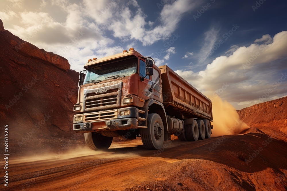 Dump truck on the road in the desert. 3d rendering, Truck for loading ...