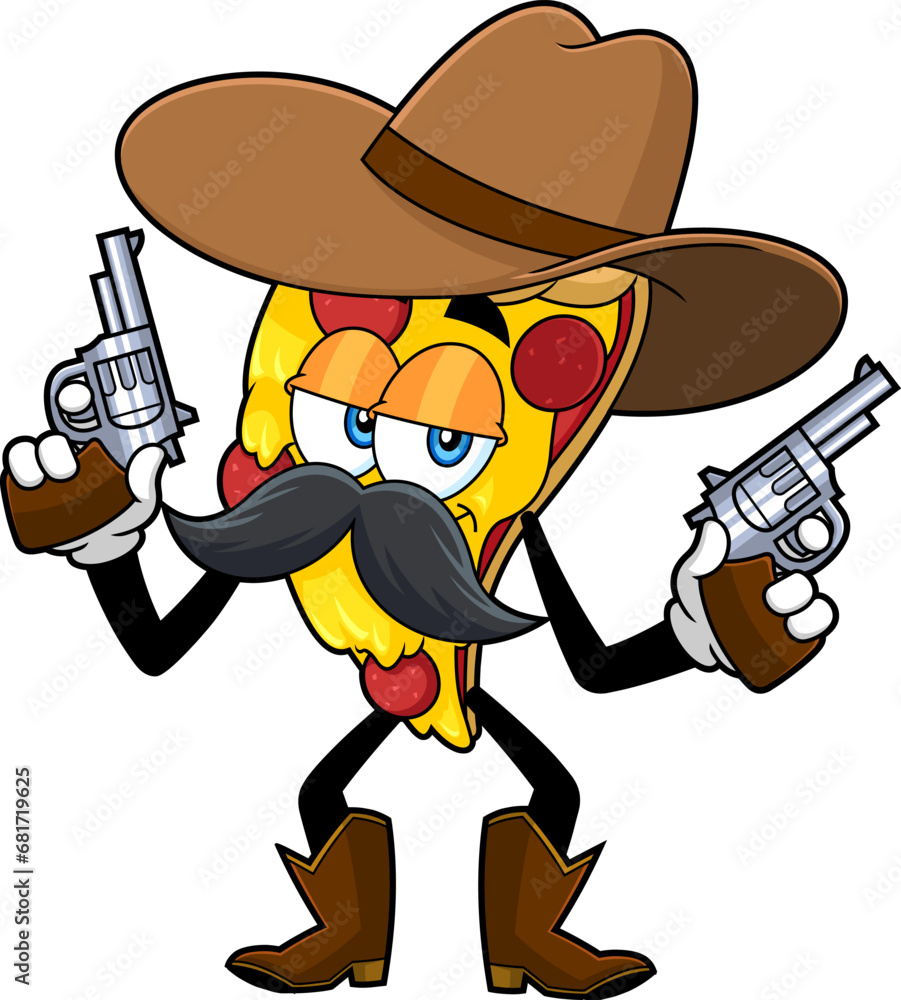 Cowboy Pizza Slice Cartoon Character With Two Guns. Vector Hand Drawn ...
