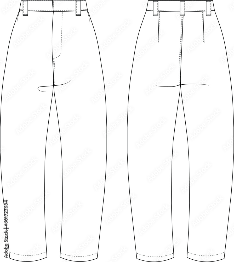 tapered trouser pant technical drawing flat sketch template cad mockup ...