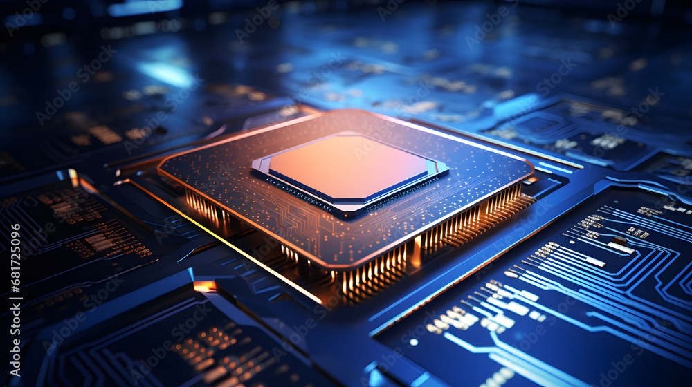 Abstract 3D visualization of a modern CPU chip on a motherboard ...
