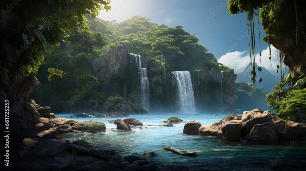 A secluded beach at the base of a waterfall, where the falls meet the ...