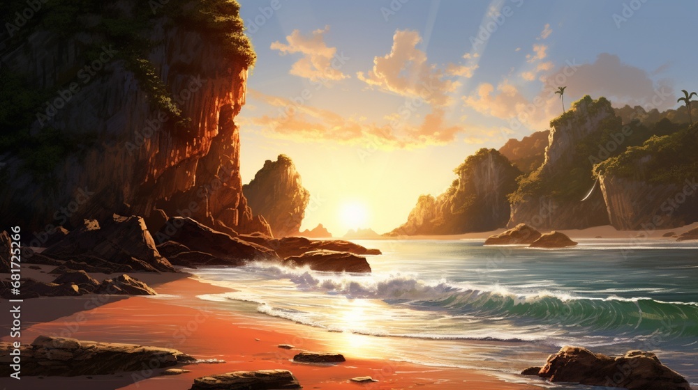 A secluded beach cove at dawn, with the sun rising over the cliffs ...