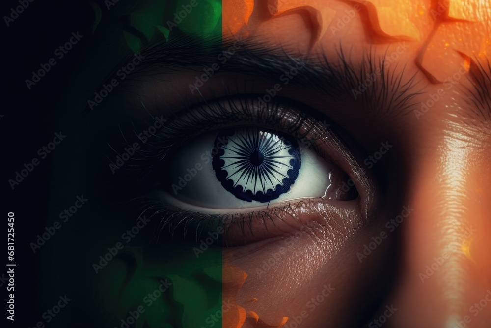 A close-up view of a person's eye with a flag painted on the eyelid ...