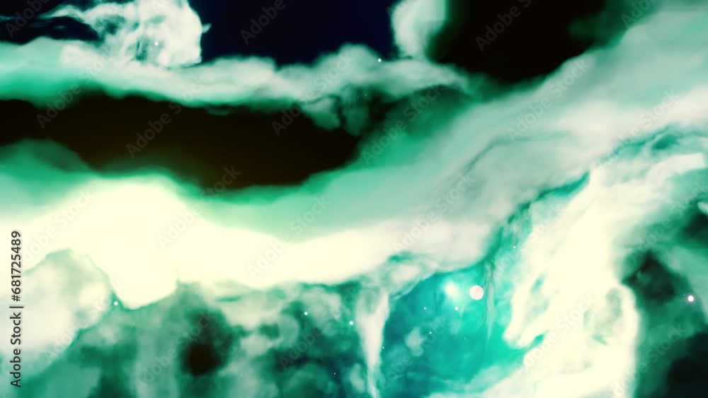 gas nebula in deep space. turquoise nebulous gas cloud. flying through ...