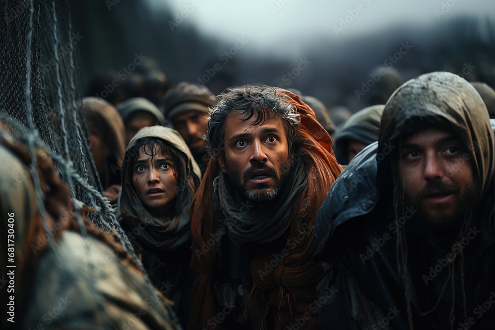 The poignant stock photo captures a group of scared refugees at a ...