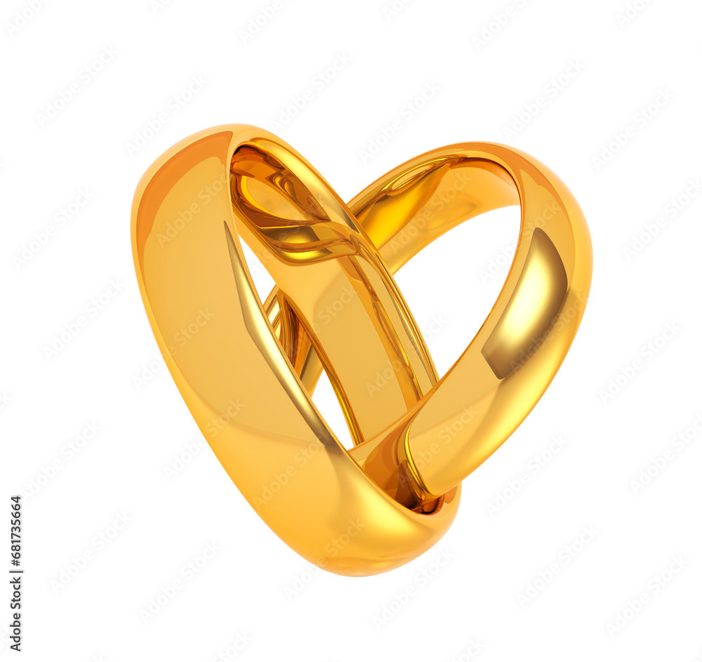 Two interconnected in heart shape golden wedding rings in a heart shape ...