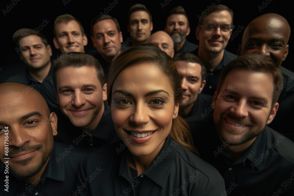 Group of people gathered together and posing for picture. This image ...