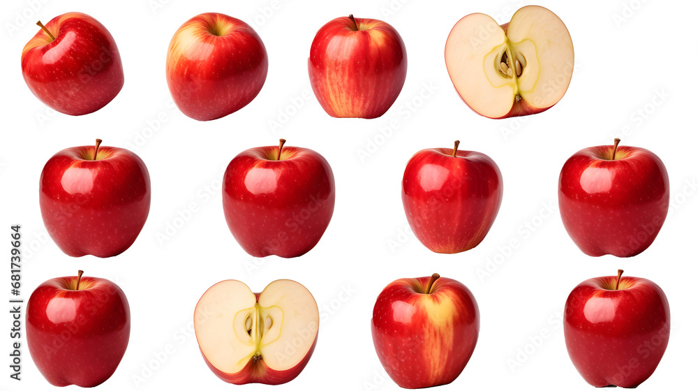 Red apple apples, many angles and view side top sliced halved cut ...
