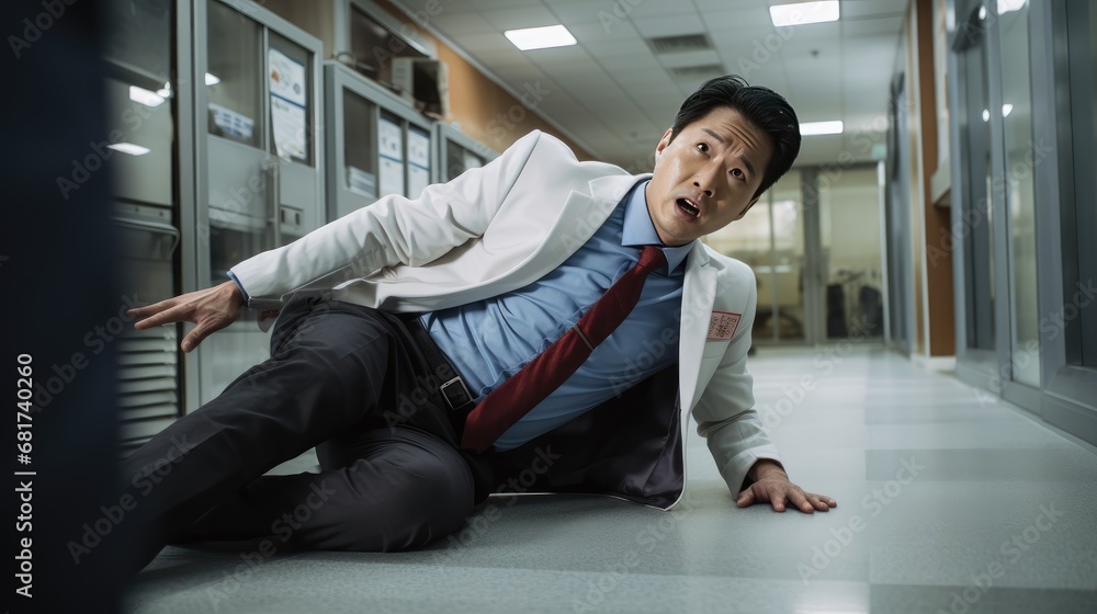 Capture the urgency of health crises! An Asian man faints on the floor ...