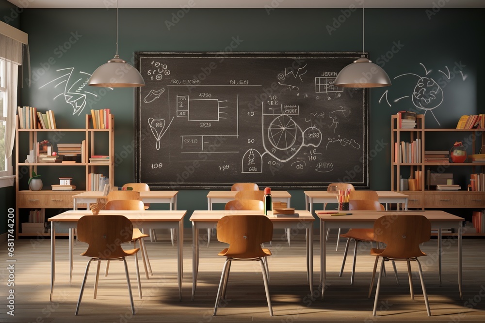 Mid-century modern-style classroom with sleek Eames chairs, refined ...