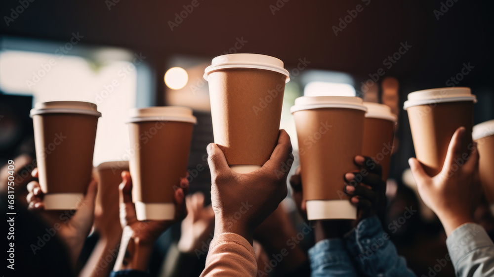 Multiple hands of diverse skin tones are raised, each holding a brown ...