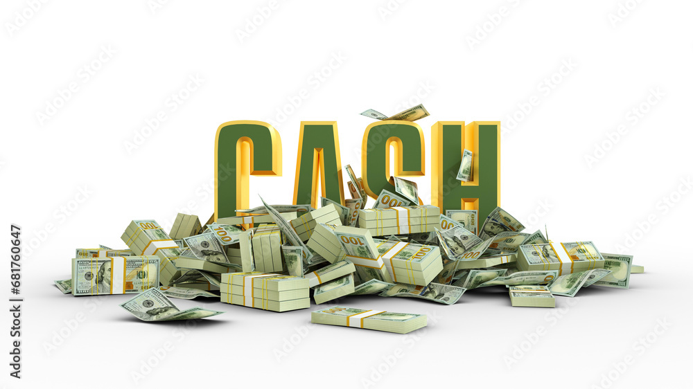 US dollar notes spread around 3D cash text. text surrounded with pile ...