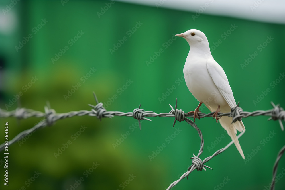 White dove of freedom on Pakistan flag background and barbed wire ...