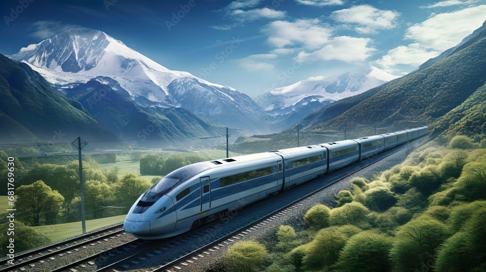 Long distance fast modern express passenger train on high speed railway ...