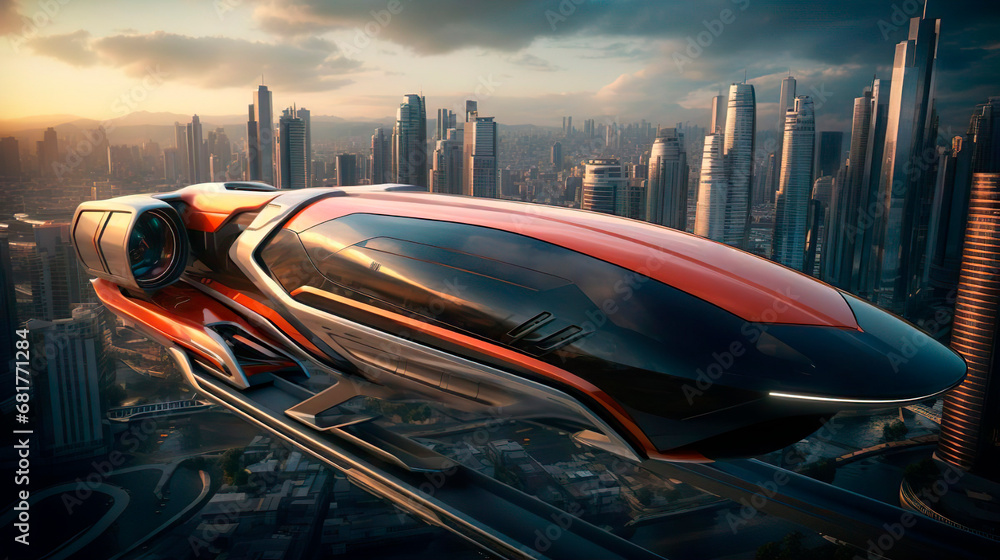 Passenger flying train bus drone air taxi. Electric eco self-driving ...
