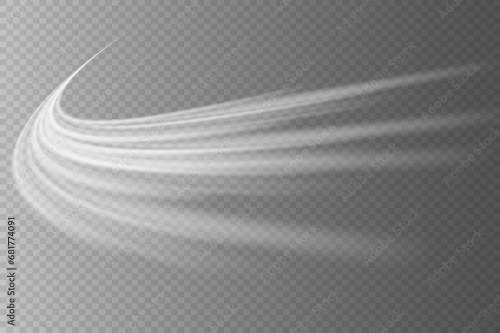 Glowing motion line. Dynamic white waves. Glowing speed lines. Light ...