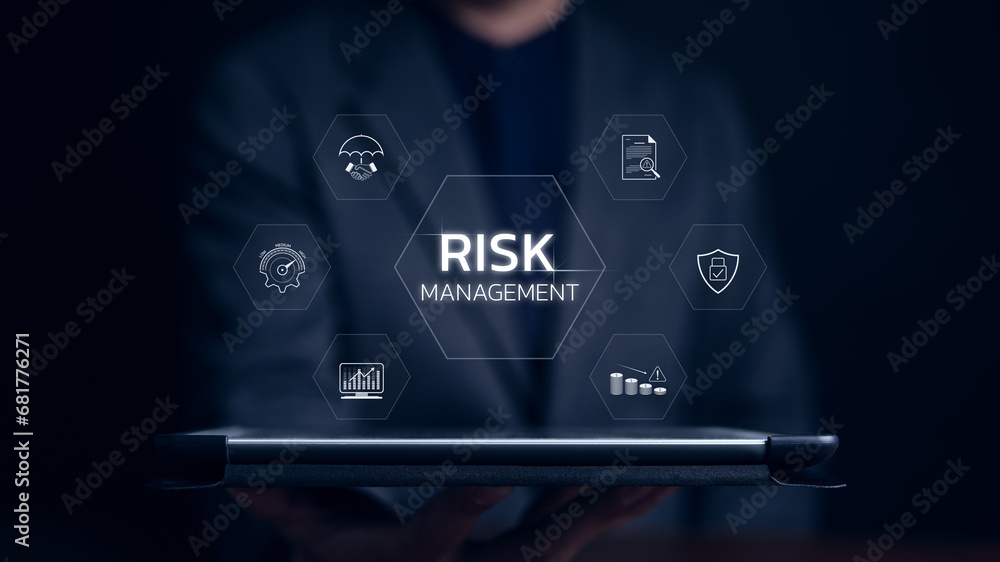 Businessman showing risk management icons. Risk analysis in Business or ...