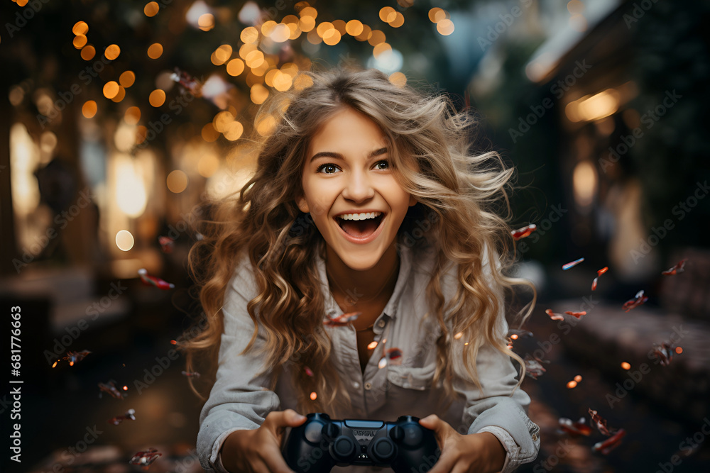 Joyful girl gamer smiles while playing a game on the computer Stock ...