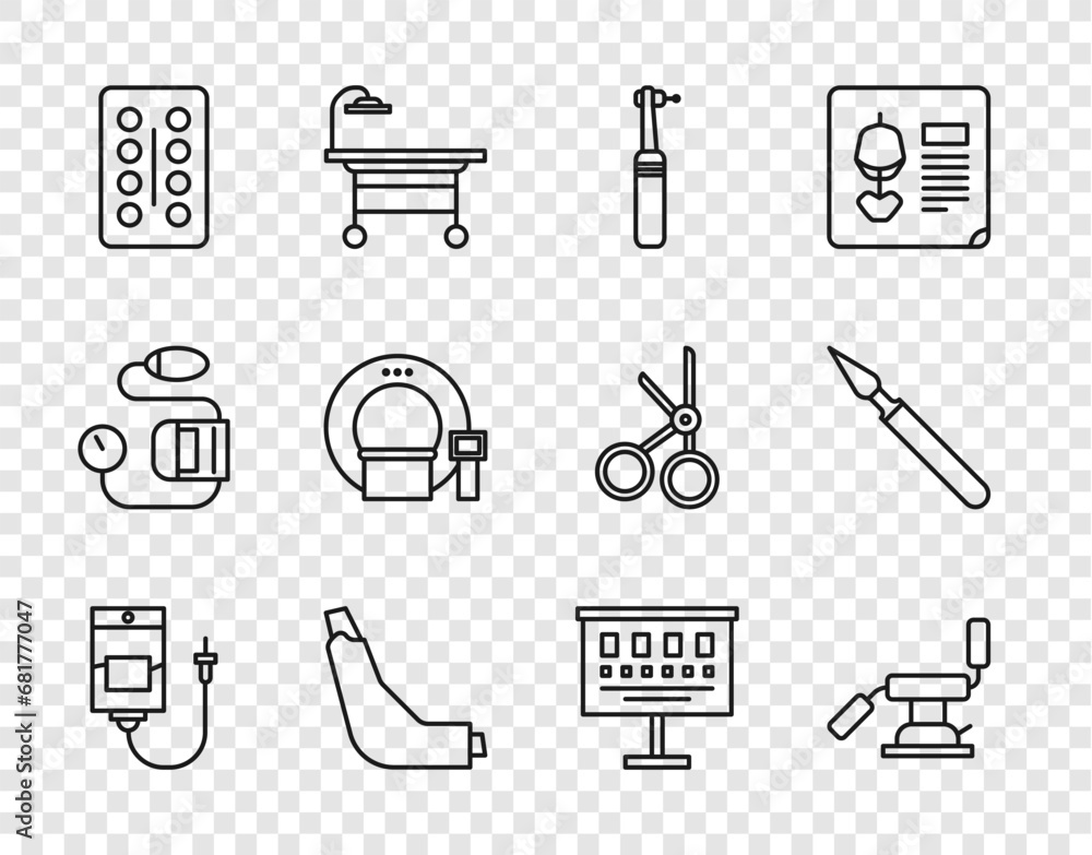 Set line IV bag, Medical dental chair, Tooth drill, Inhaler, Pills in ...
