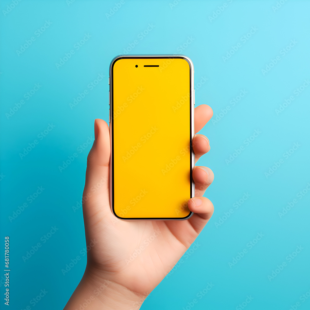 Hand Holding Smartphone with Yellow Screen on light blue background ...
