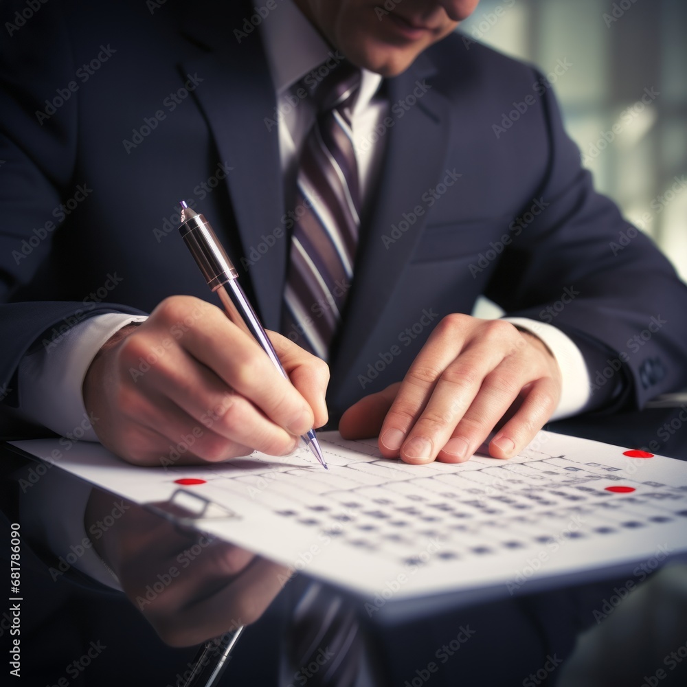 An image captures a businessman using a pen to mark a correct sign in a ...