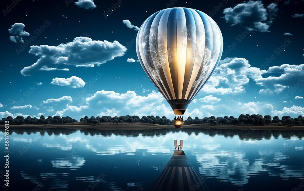 Traditional Fantasy Hot air balloon flying over frozen sea at night ...
