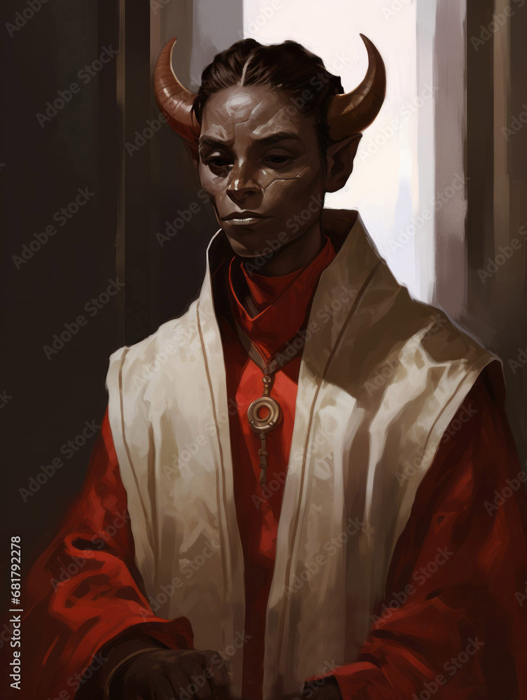 Tiefling Character in White and Red Clothes, Fantasy Horned Creature in ...
