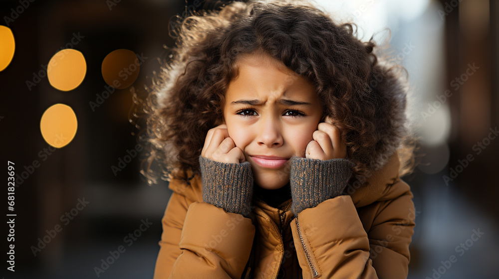 Sick girl with otitis. Girl with earache. Girl with toothache and ...