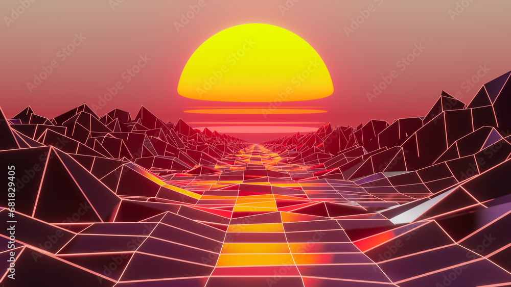 Synthwave and retrowave background with vaporwave 80s landscape, video ...