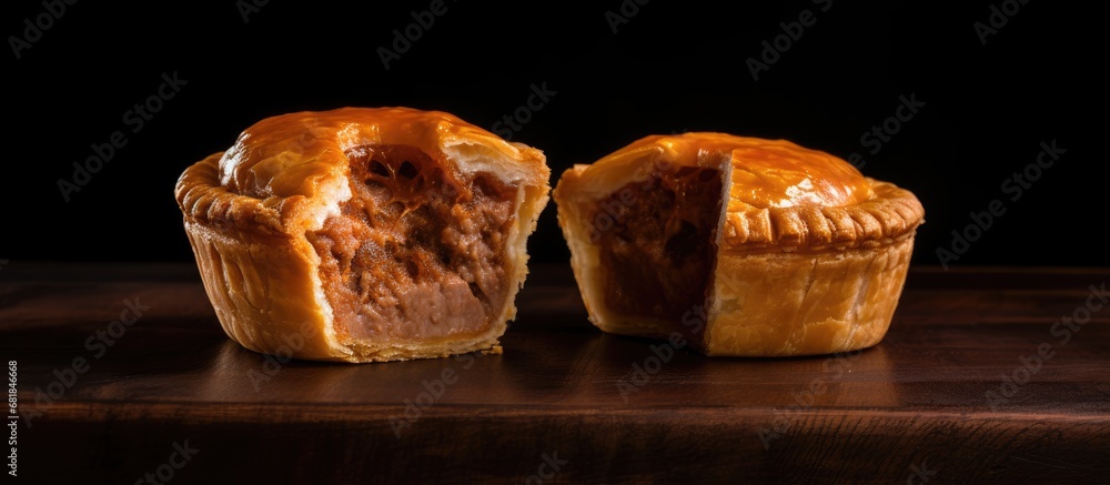 Above the golden pastry, a mini pork pie is cut in half, revealing a ...