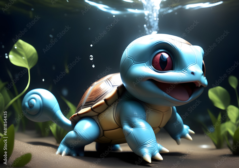 Squirtle in the nature, water from his mouth, dim light, cute, splash, ultra realistic ...