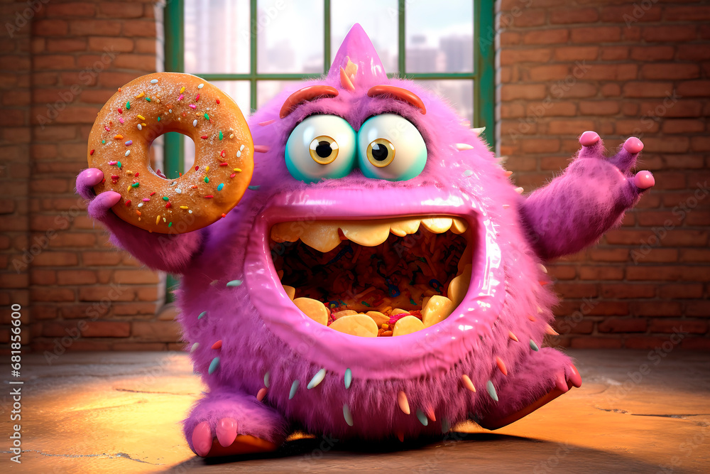 Funny overweight glutton with donut. Cute blue chubby character eating ...