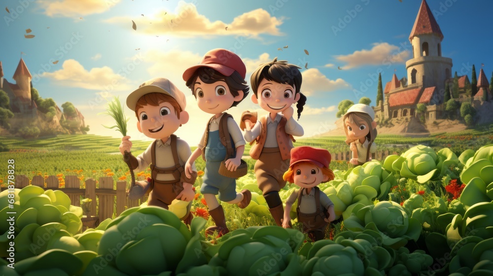Cartoon characters are growing vegetables for farming in 3D style ...