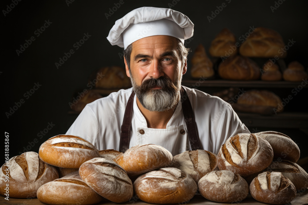 Bearded middle-aged European man wearing white chef costume making ...
