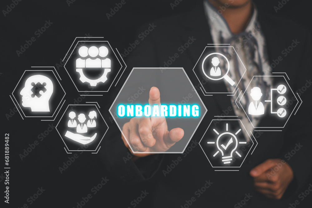 Onboarding concept, Business person hand touching onboarding icon on ...